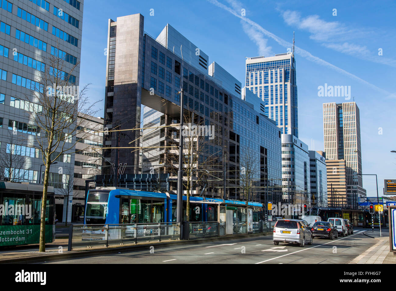 Downtown, skyline of Rotterdam, the office building at the Weena street ...