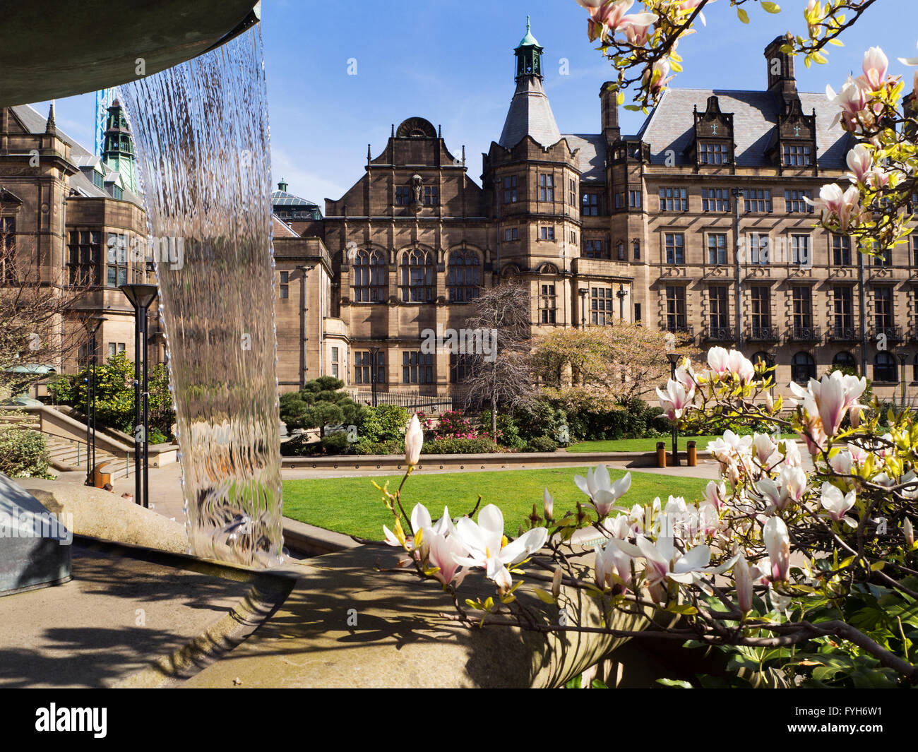 Peace Garden and Town Hall in spring Sheffield South Yorkshire England ...