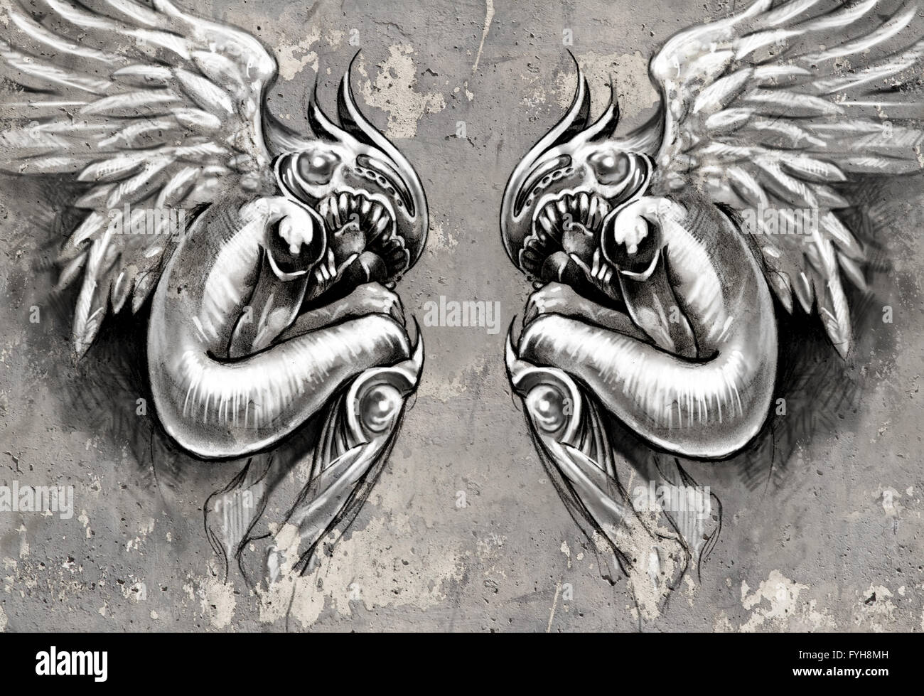 Sketch of tattoo art, two angels, fantasy concept over wall Stock Photo ...