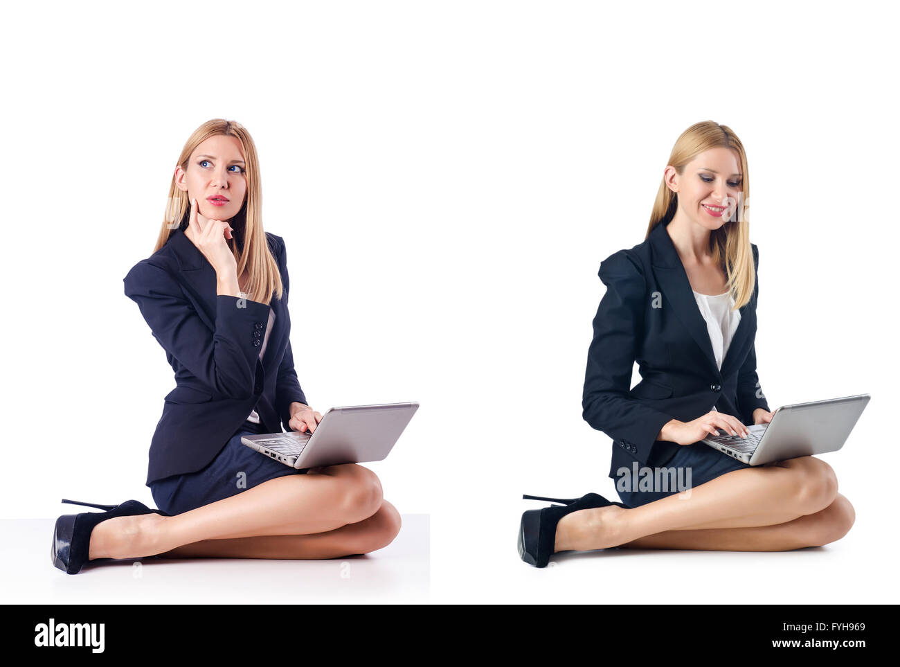 Businesswoman with laptop isolated on white background Stock Photo - Alamy