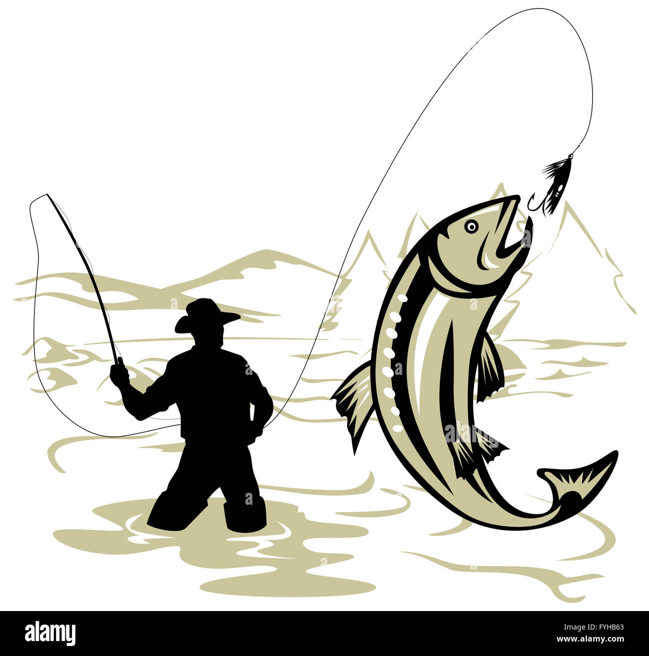 fly fisherman catching jumping trout Stock Photo - Alamy