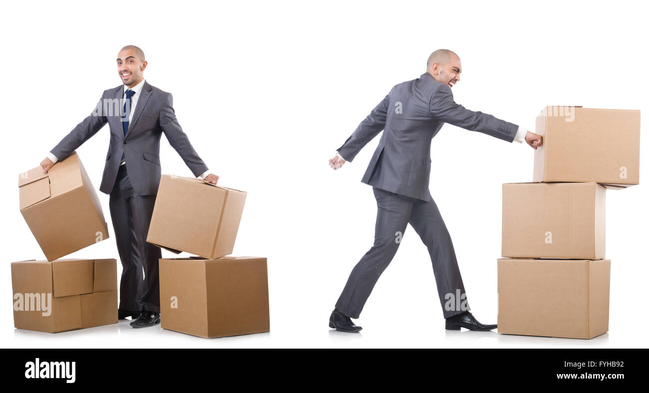 Collage of photos with man and boxes Stock Photo - Alamy