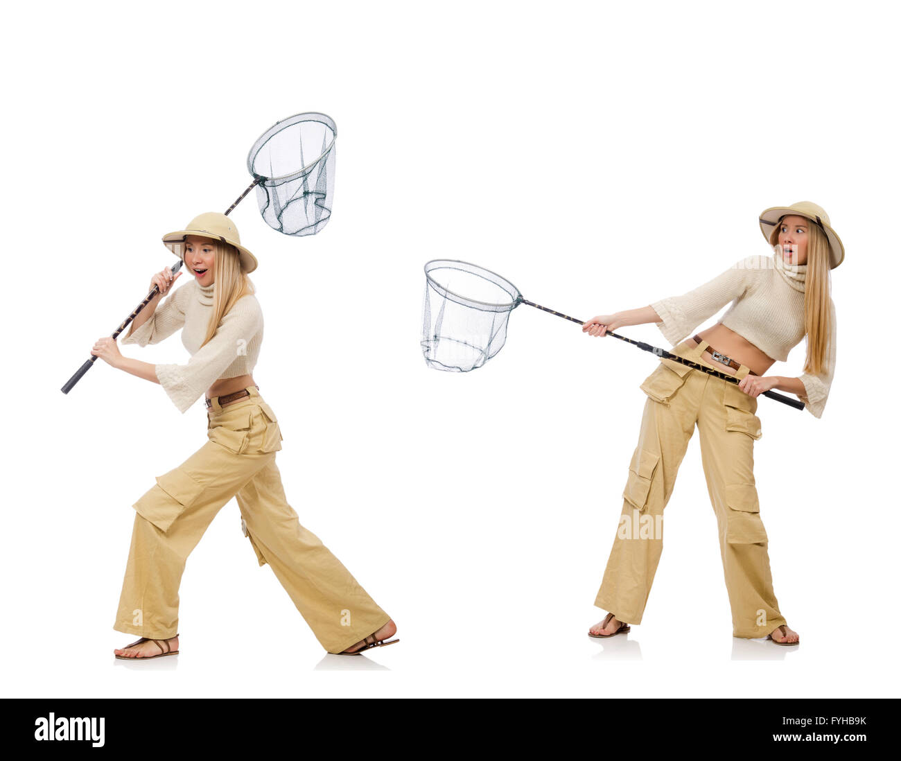 Woman with catching net on white Stock Photo - Alamy