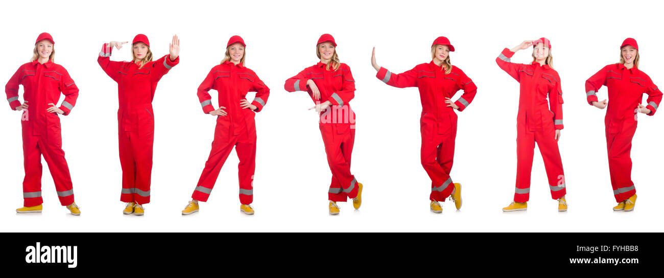 Woman in red overalls isolated on white Stock Photo - Alamy
