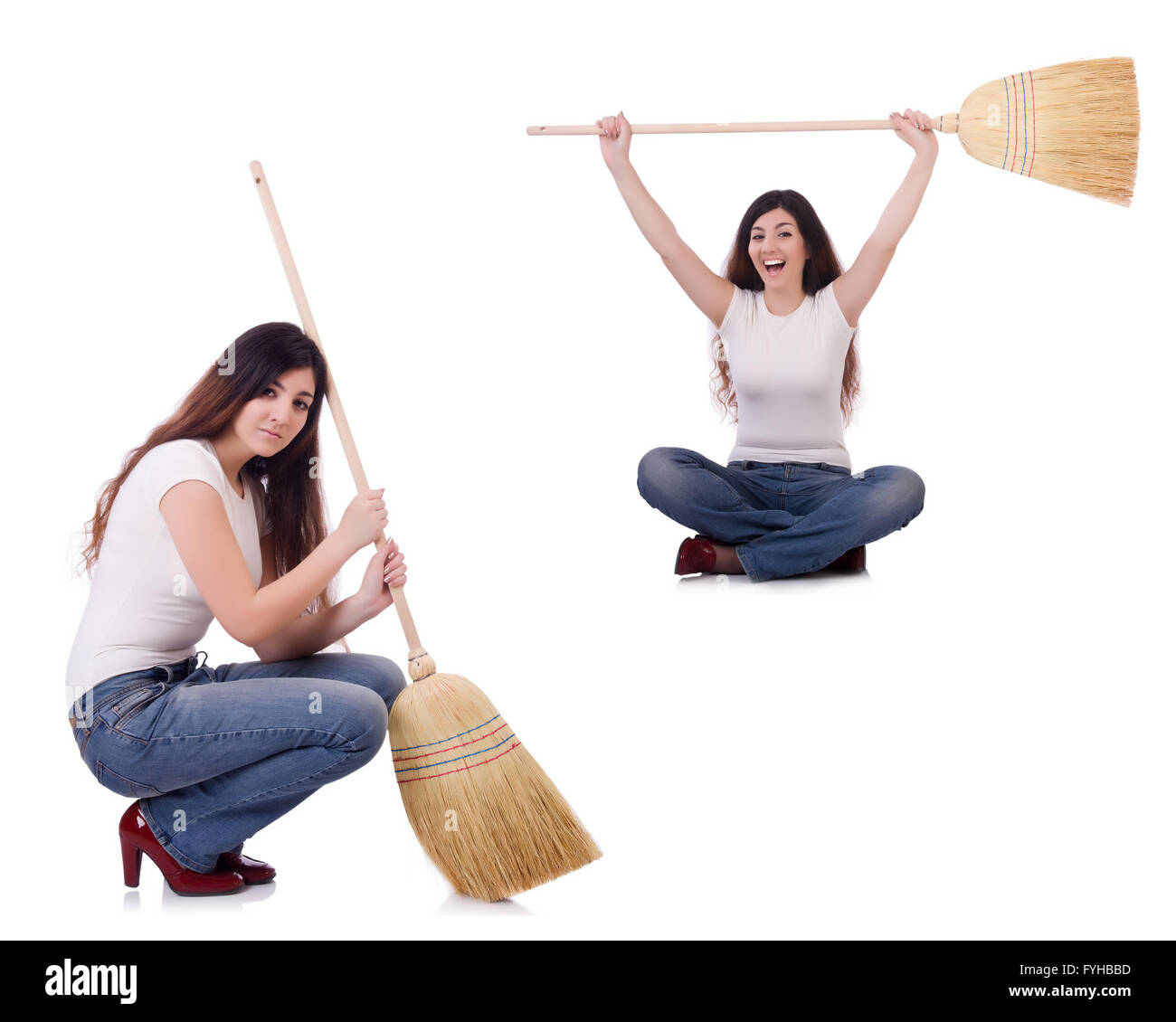 Woman with broom isolated on white Stock Photo - Alamy