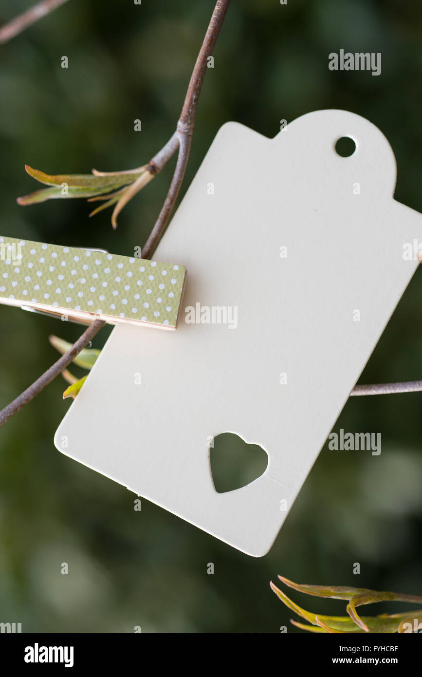 badge with heart shape is hanging on a branch Stock Photo - Alamy