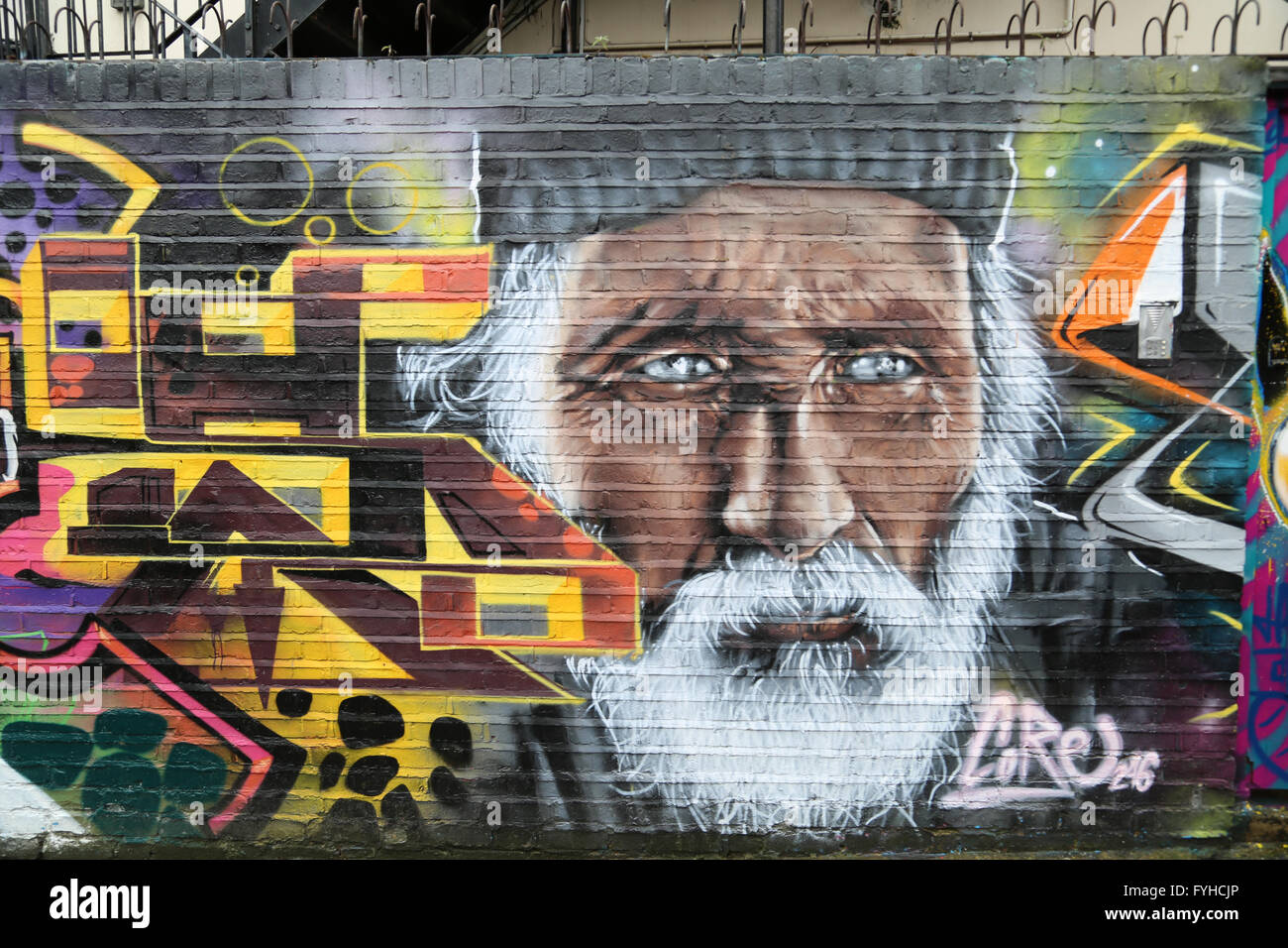 Graffiti of an old man in Shoreditch, London, United Kingdom Stock ...