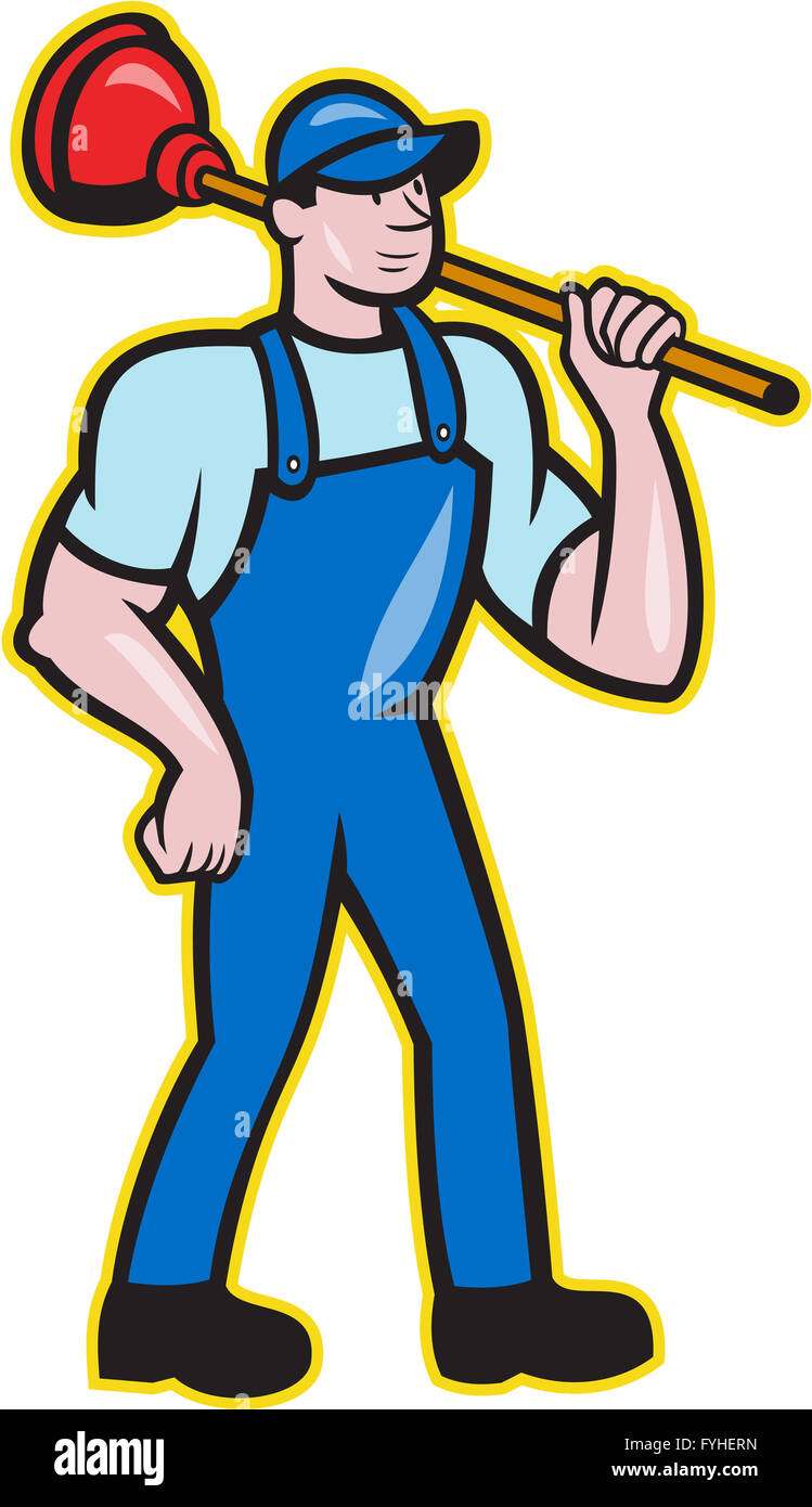 Plumber Holding Plunger Standing Cartoon Stock Photo - Alamy
