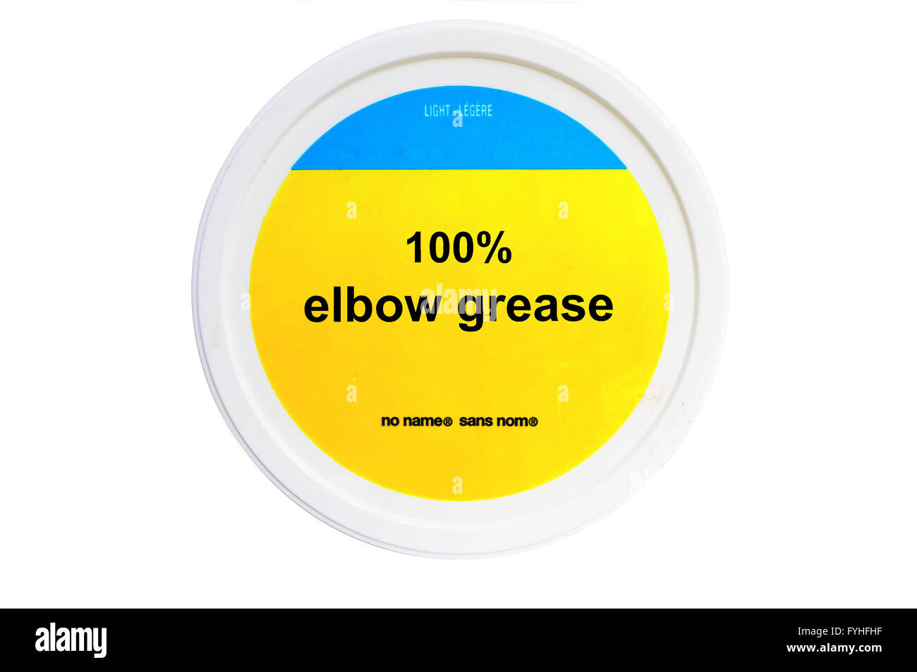 A tub with 100% elbow grease written on the label photographed against ...