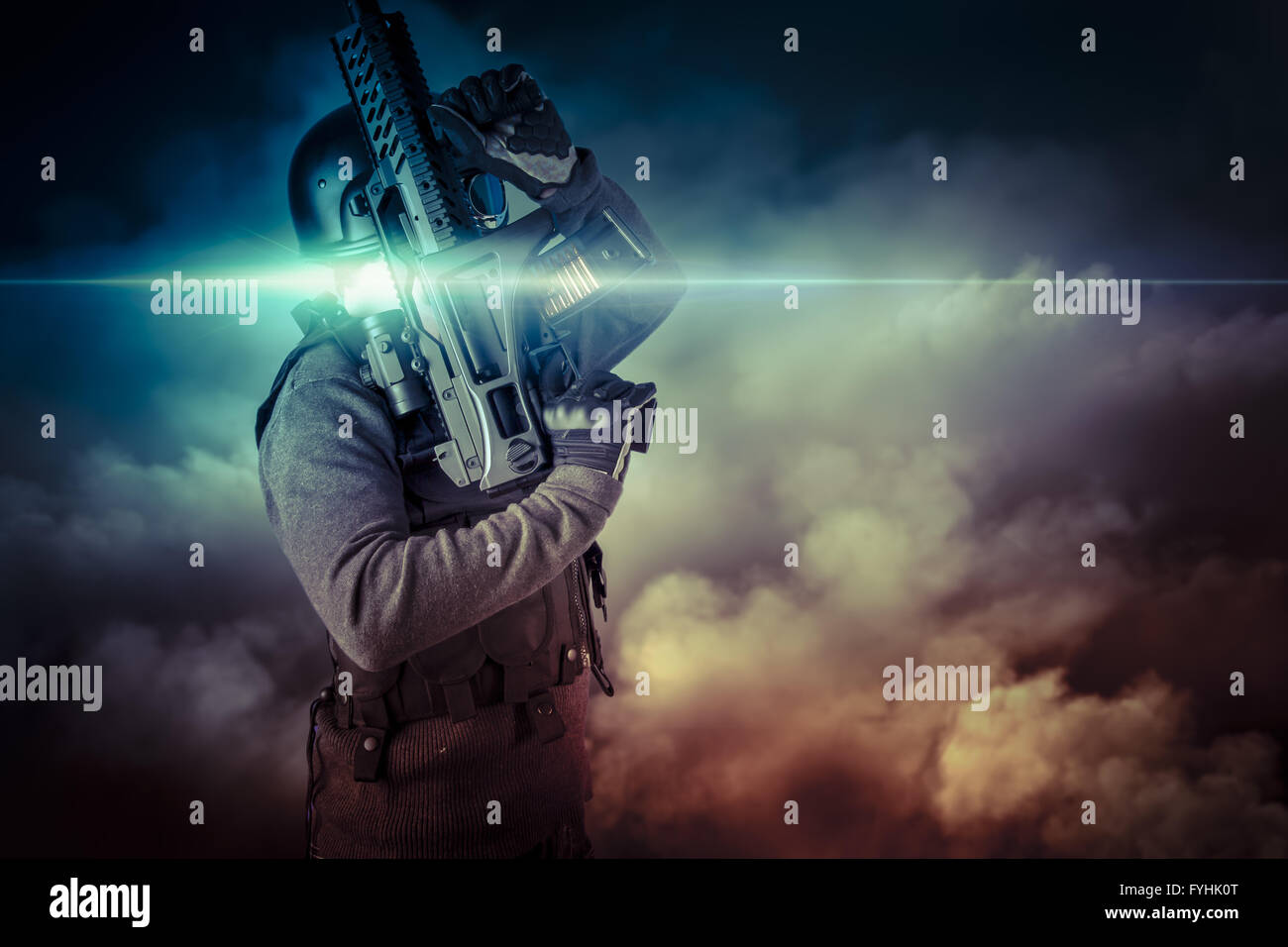 Soldier in uniform with rifle, assault sniper on apocalyptic clouds ...