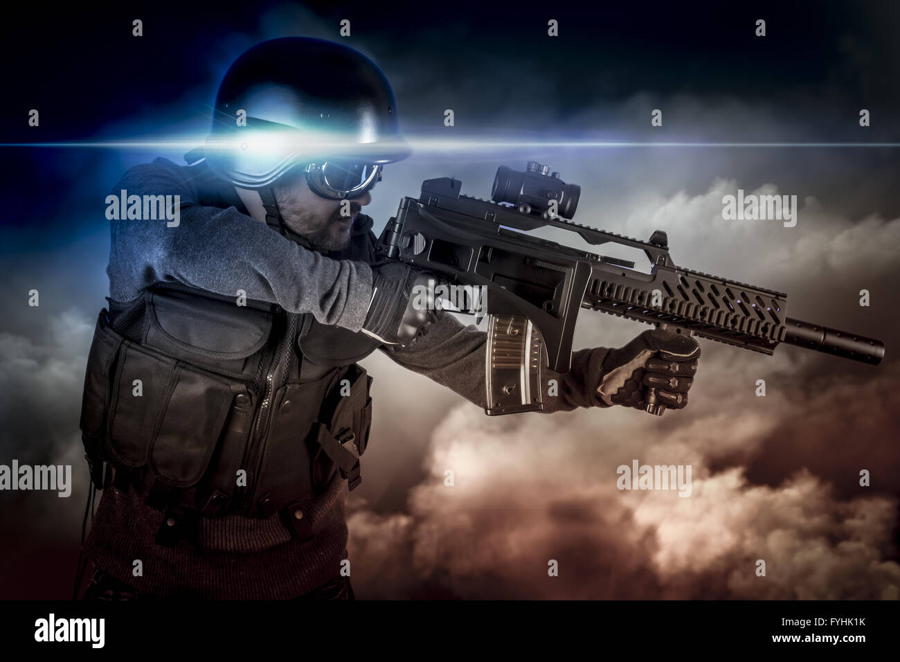 Soldier in uniform with rifle, assault sniper on apocalyptic clouds ...