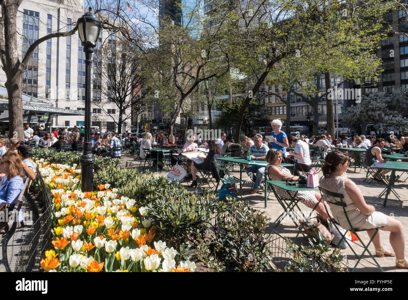 Spring Day, People on Benches and Chairs in Front of Shake Shack ...