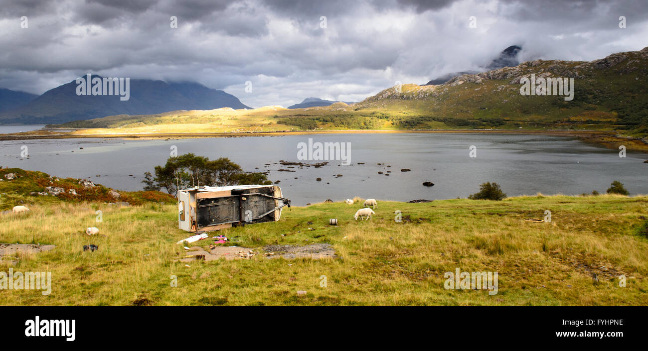 The wreckage of a caravan beside Loch Torridon in the Scottish ...