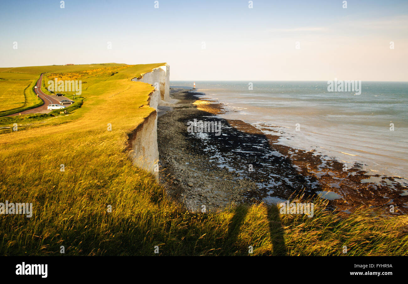 The chalk cliffs of Beachy Head where the South Downs hills meets the ...