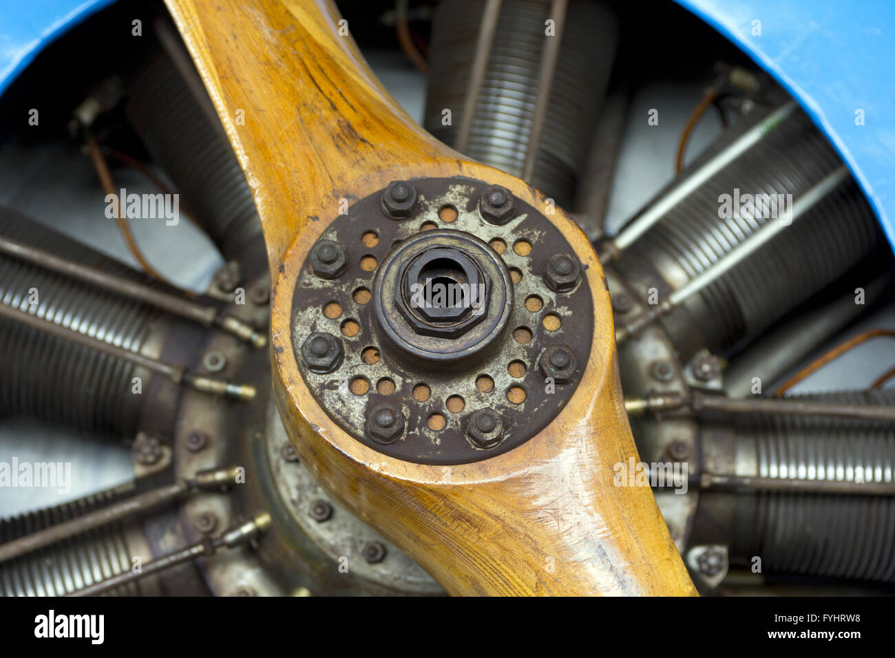Old aircraft engine with wood propeller, vintage plane close up Stock ...