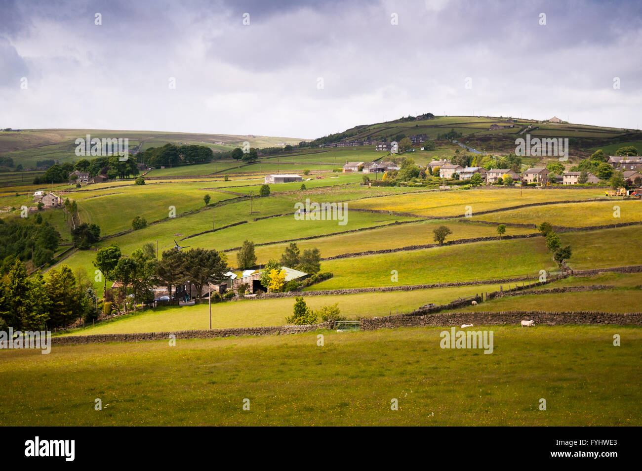 Fields and moorland at Heptonstall Moor above Hebden Bridge in West ...