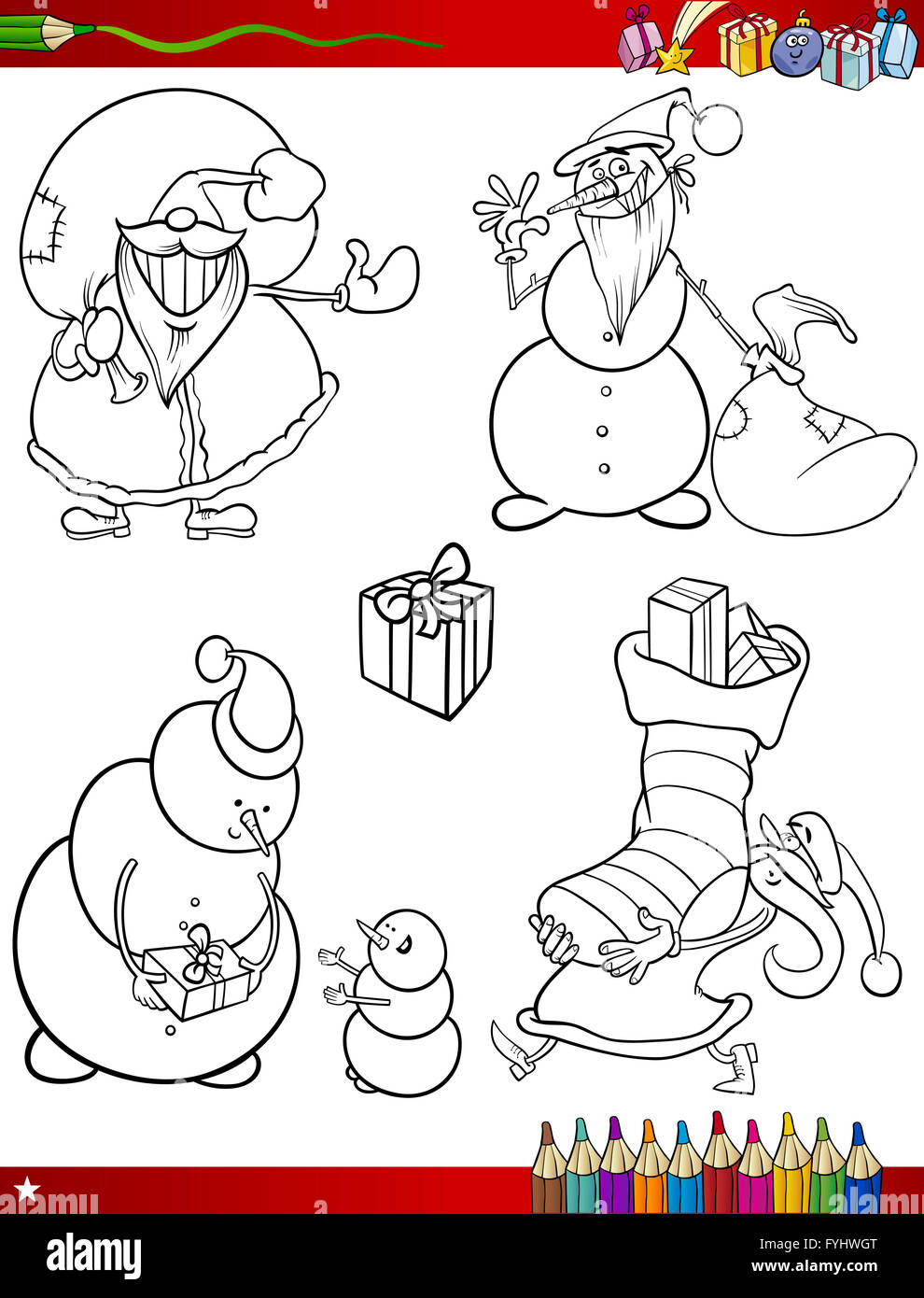 cartoon christmas themes coloring page Stock Photo - Alamy