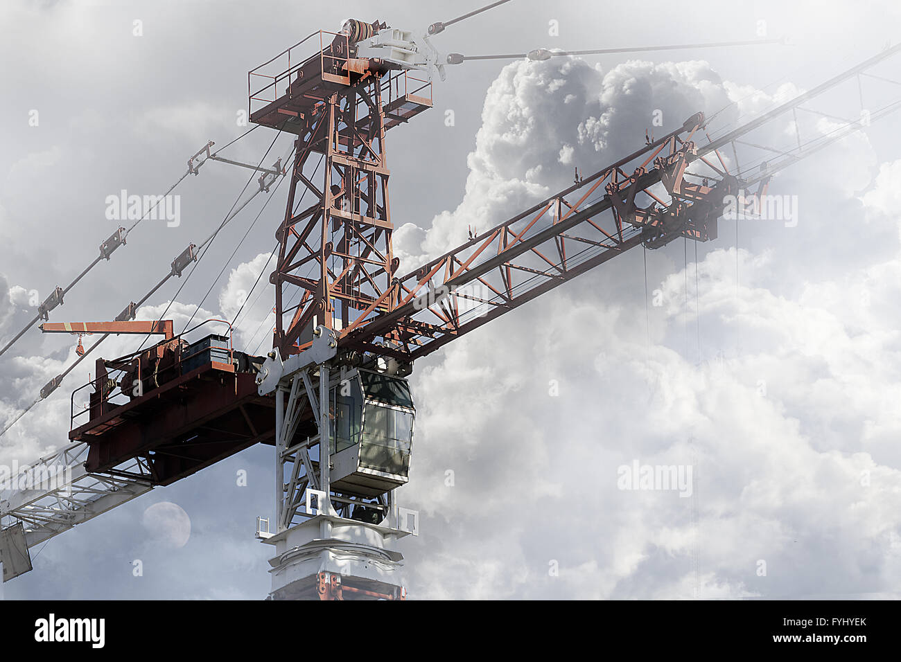 Industrial red crane, sunset background, construction and works Stock ...