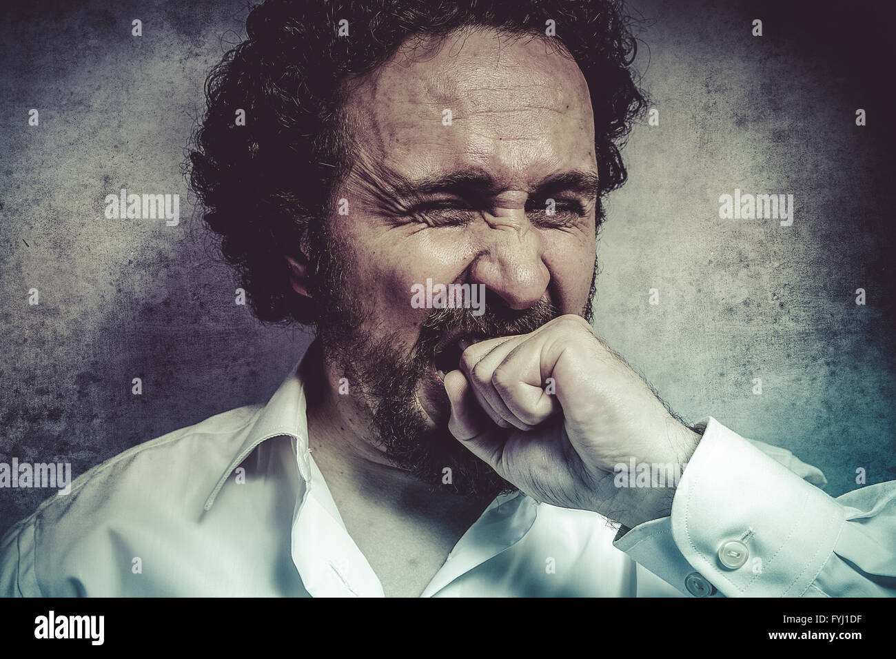 Pain, man in white shirt with funny expressions Stock Photo - Alamy
