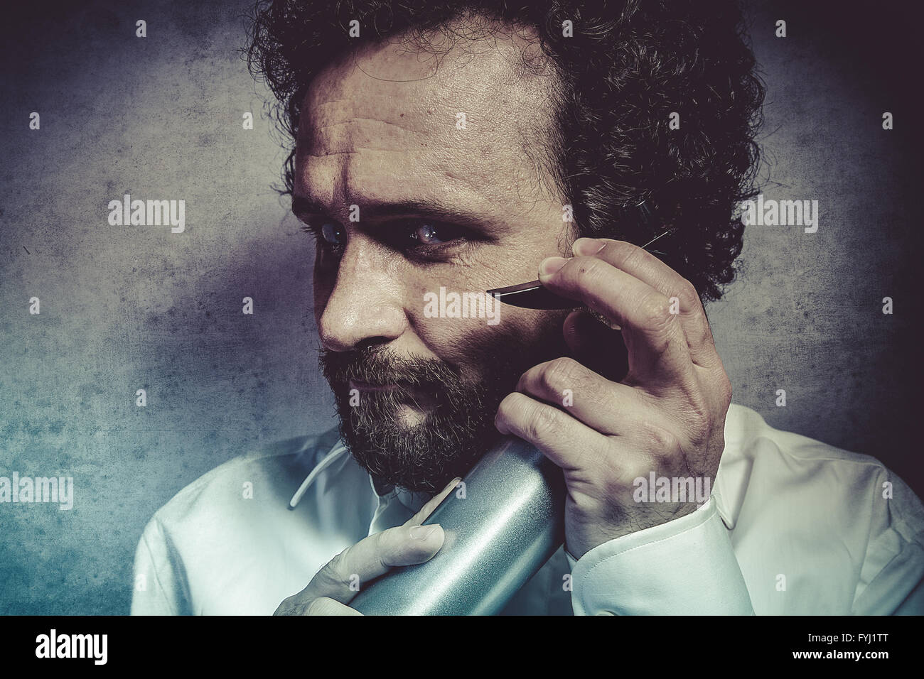 Clean, businessman with a spray, cleaning, man in white shirt with ...