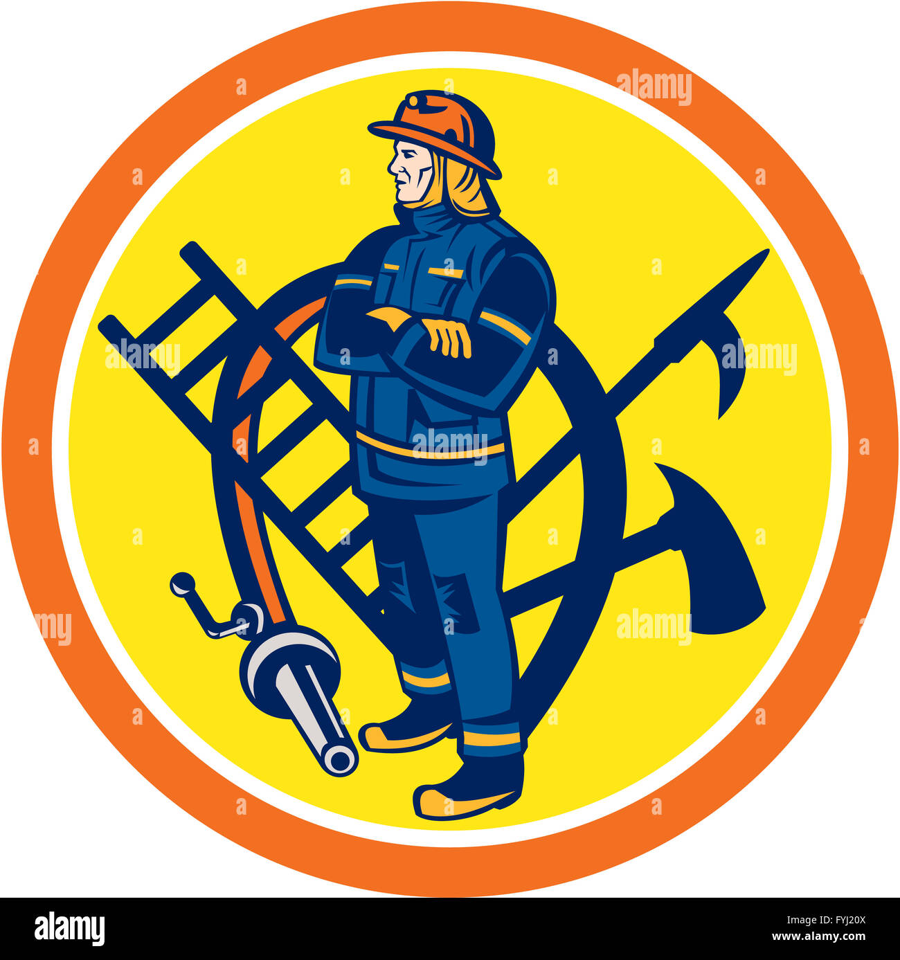 Fireman Firefighter Fire Hose Ladder Circle Stock Photo - Alamy