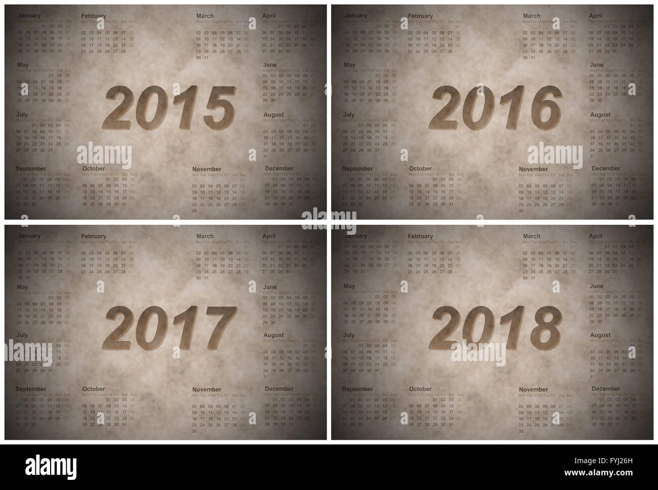 Set of european 2015, 2016, 2017 and 2018 year calendars, vintage style ...