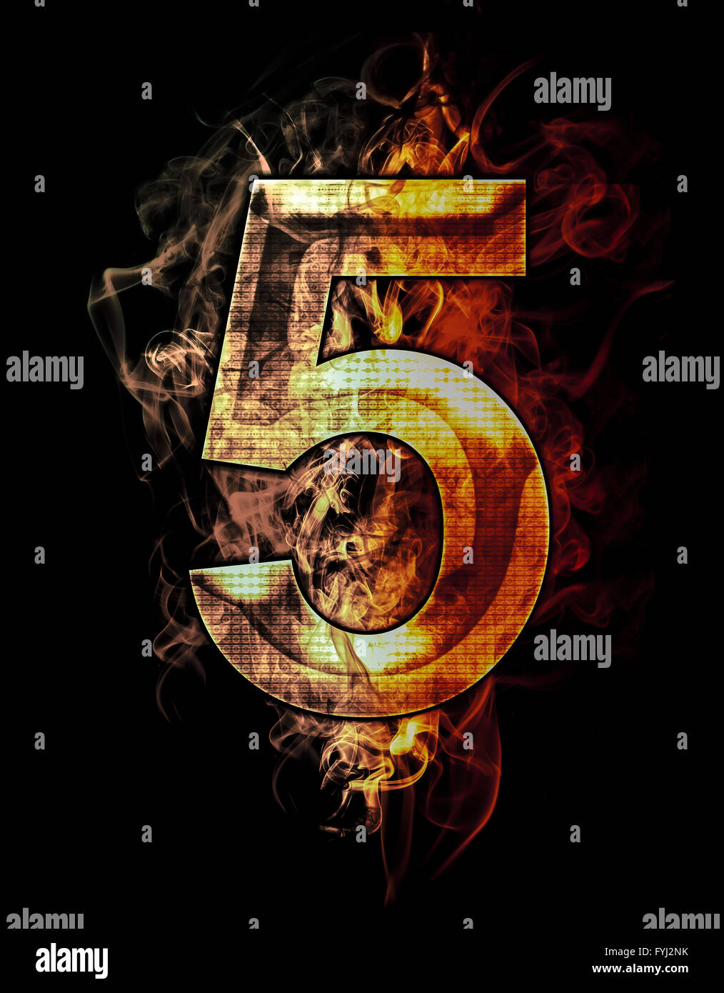 five, illustration of number with chrome effects and red fire on black ...