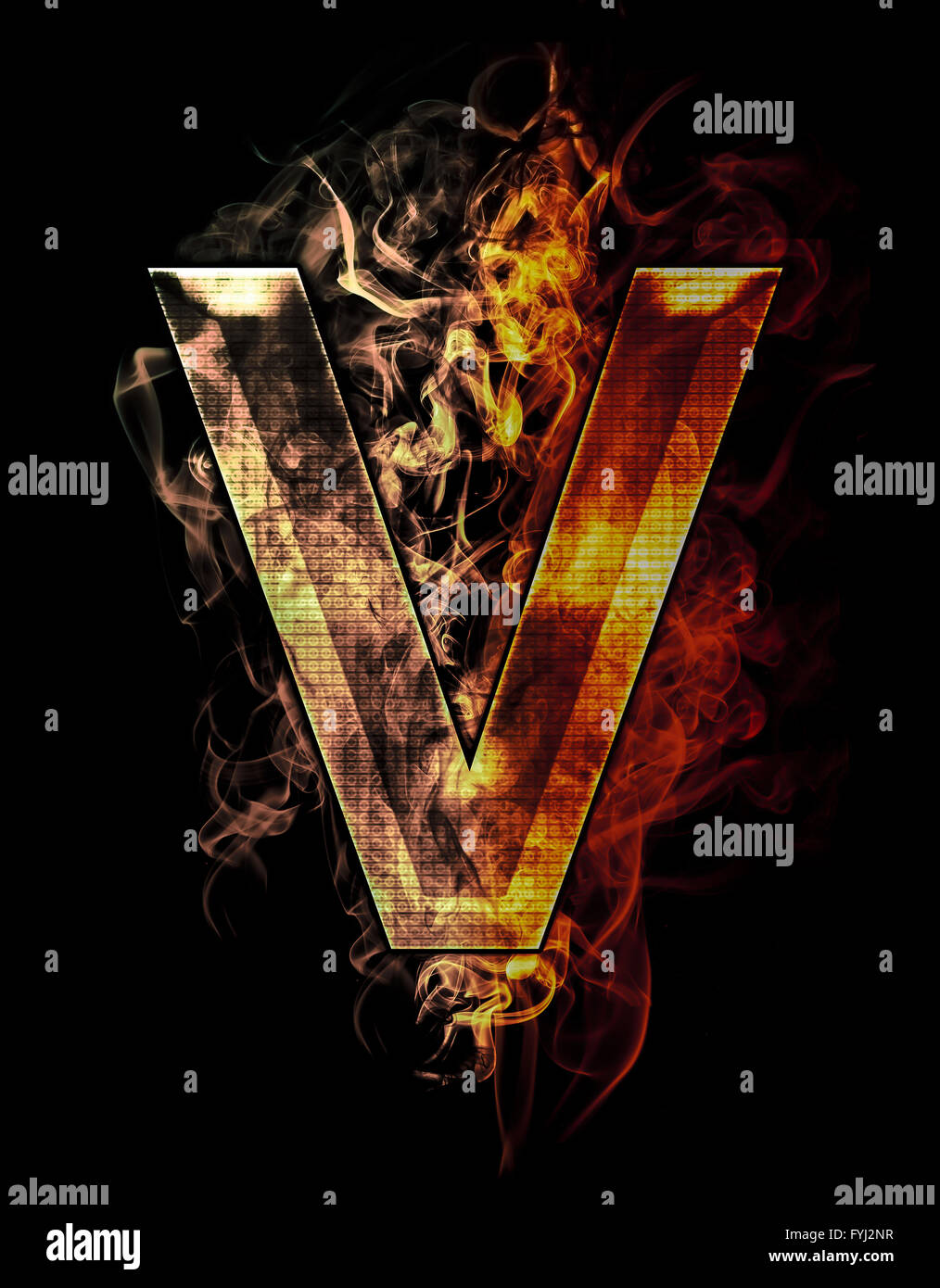 v, illustration of letter with chrome effects and red fire on black ...