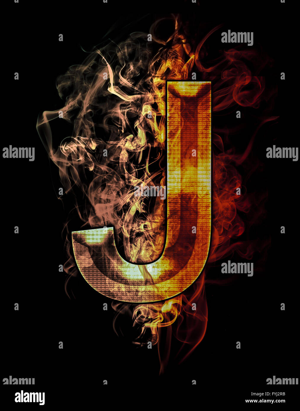 j, illustration of letter with chrome effects and red fire on black ...