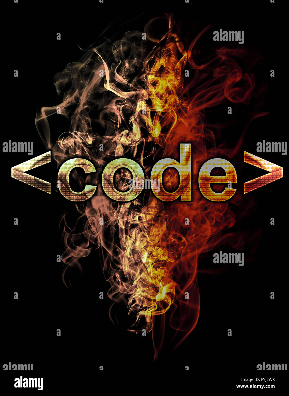 code, illustration of number with chrome effects and red fire on black ...