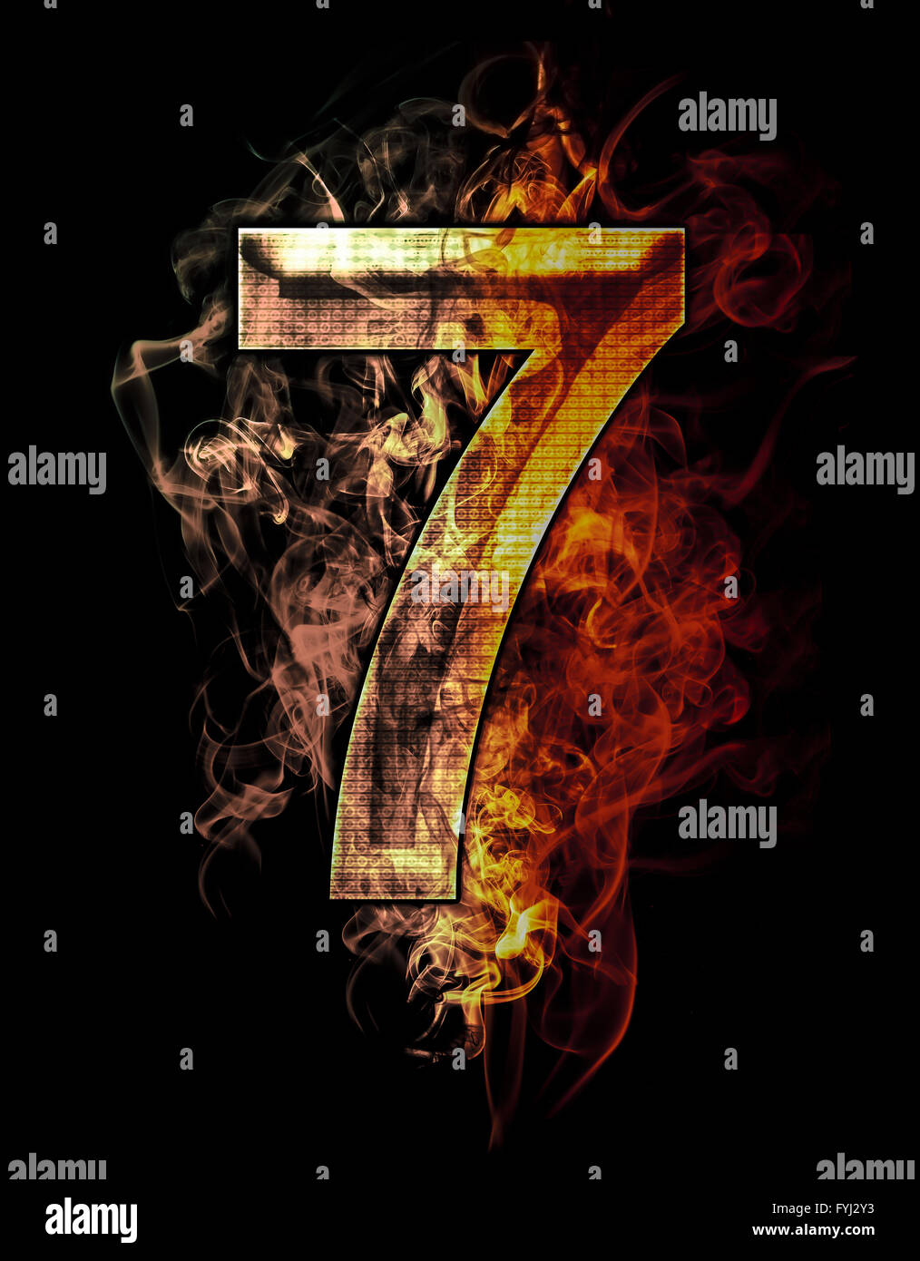 seven, illustration of number with chrome effects and red fire on black ...