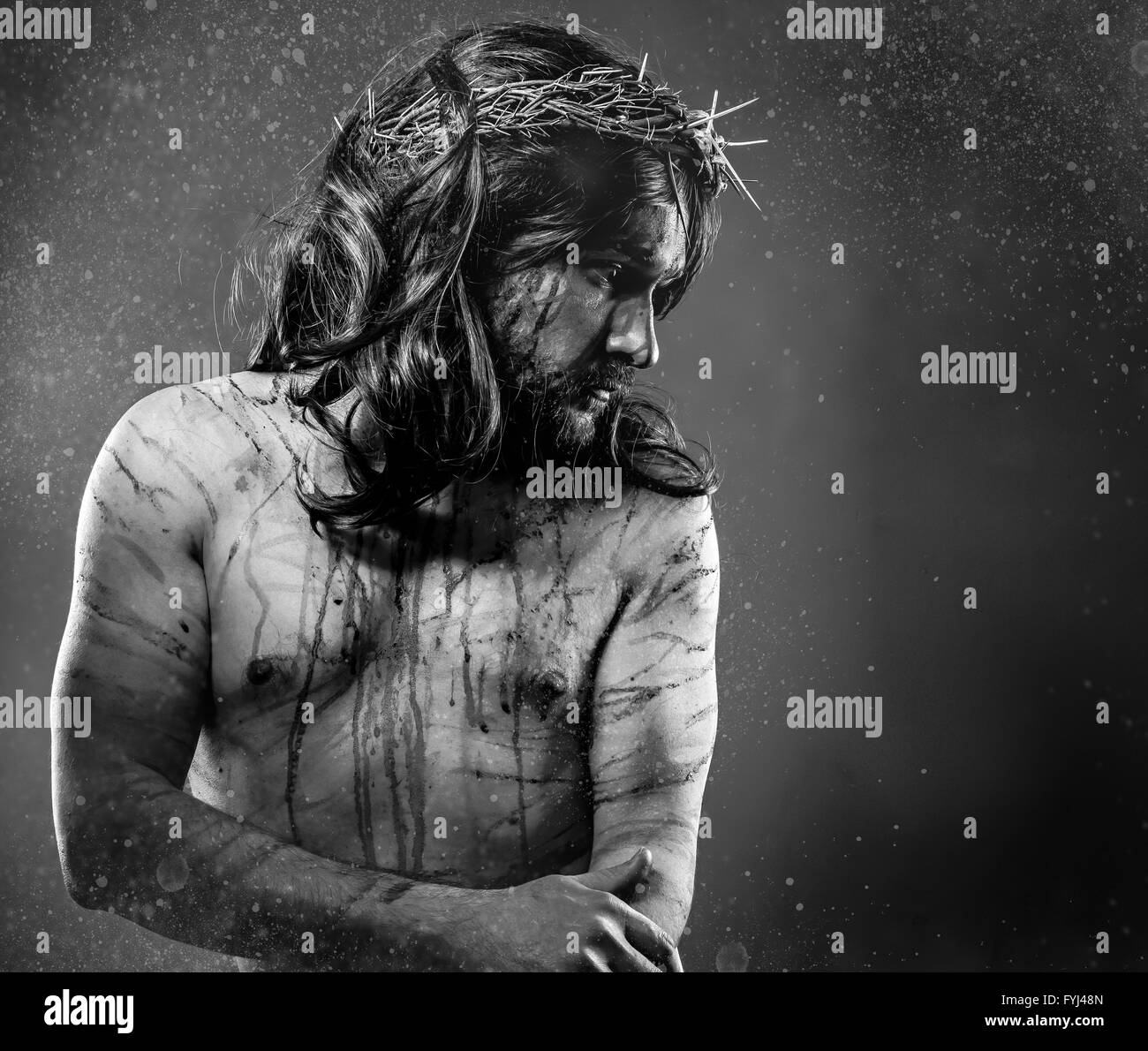 Jesus Christ calvary, man bleeding, representation of passion with ...