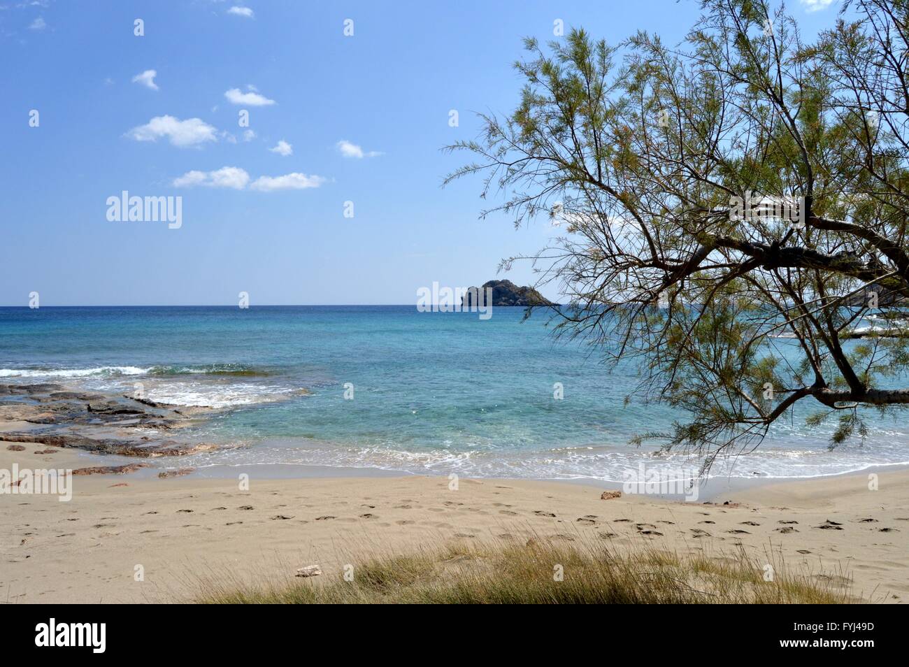 A beach in Crete with rocks, some fine sand and a shrub Stock Photo - Alamy