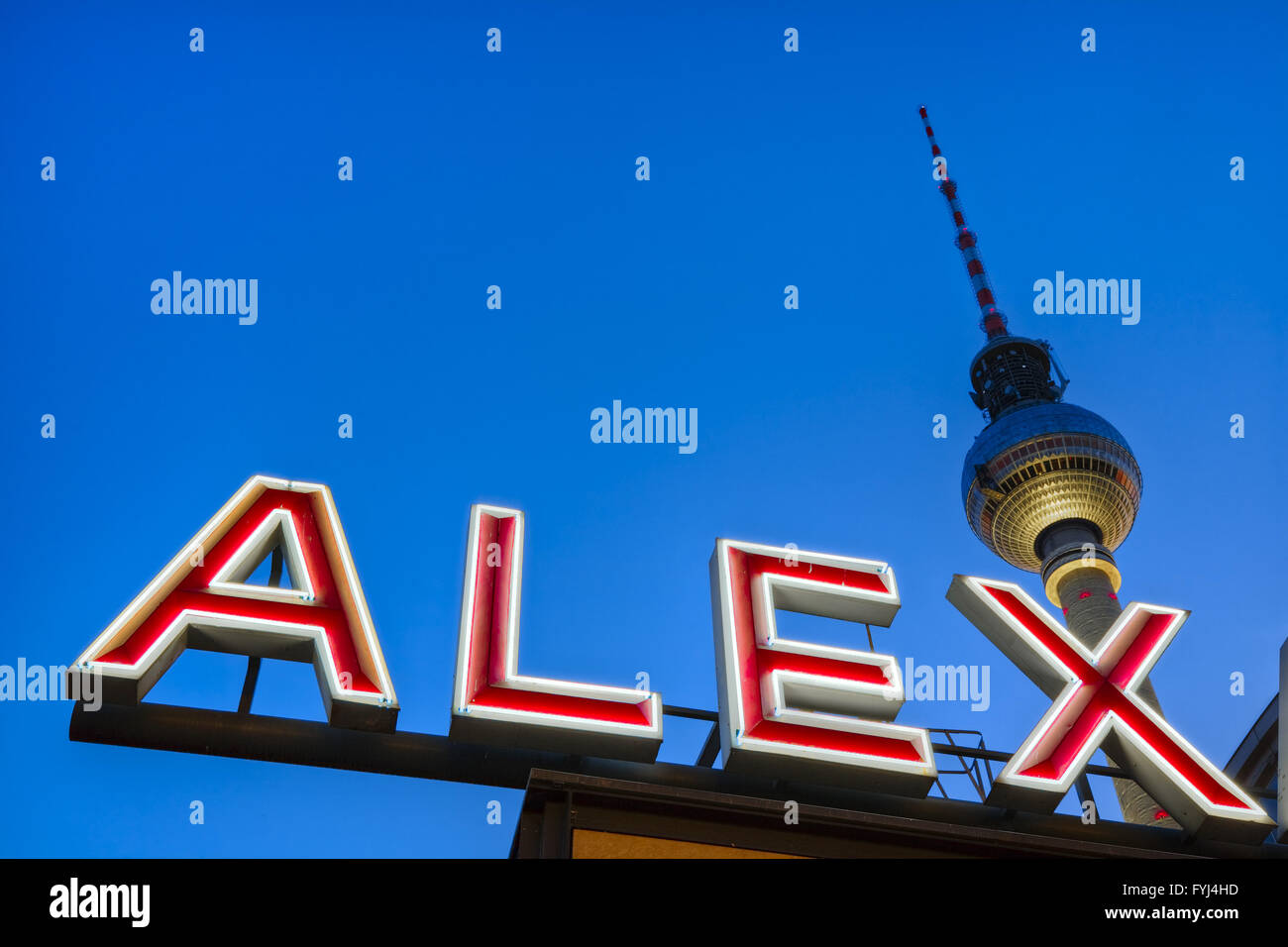 Neon sign in front of Fernsehturm TV Tower, Berlin Stock Photo - Alamy