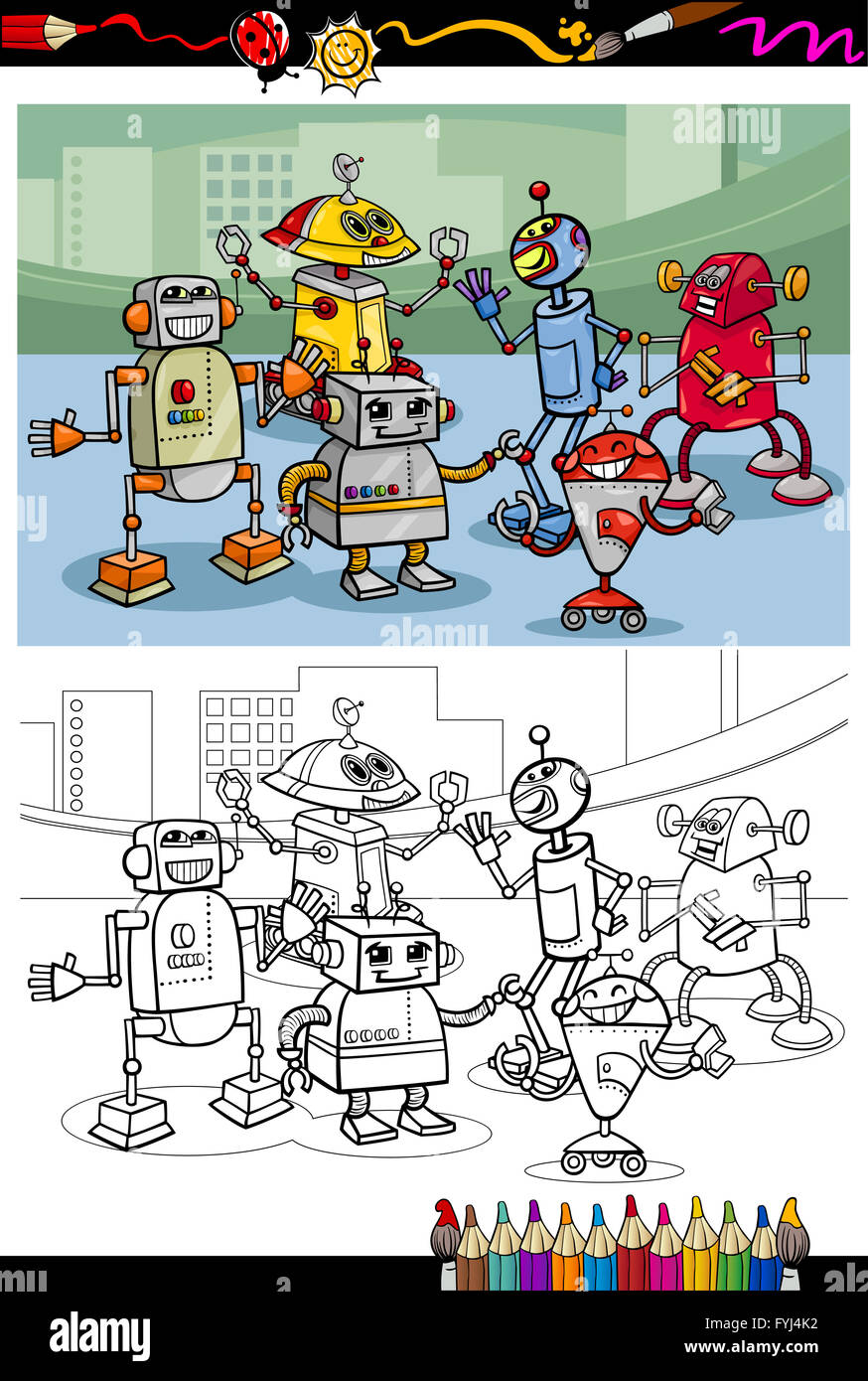 cartoon robots group coloring page Stock Photo - Alamy