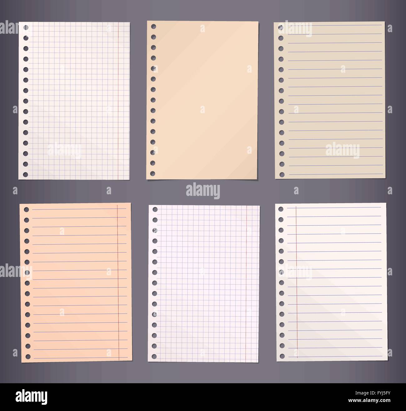 Brown lined and squared notebook paper are stuck on dark background ...