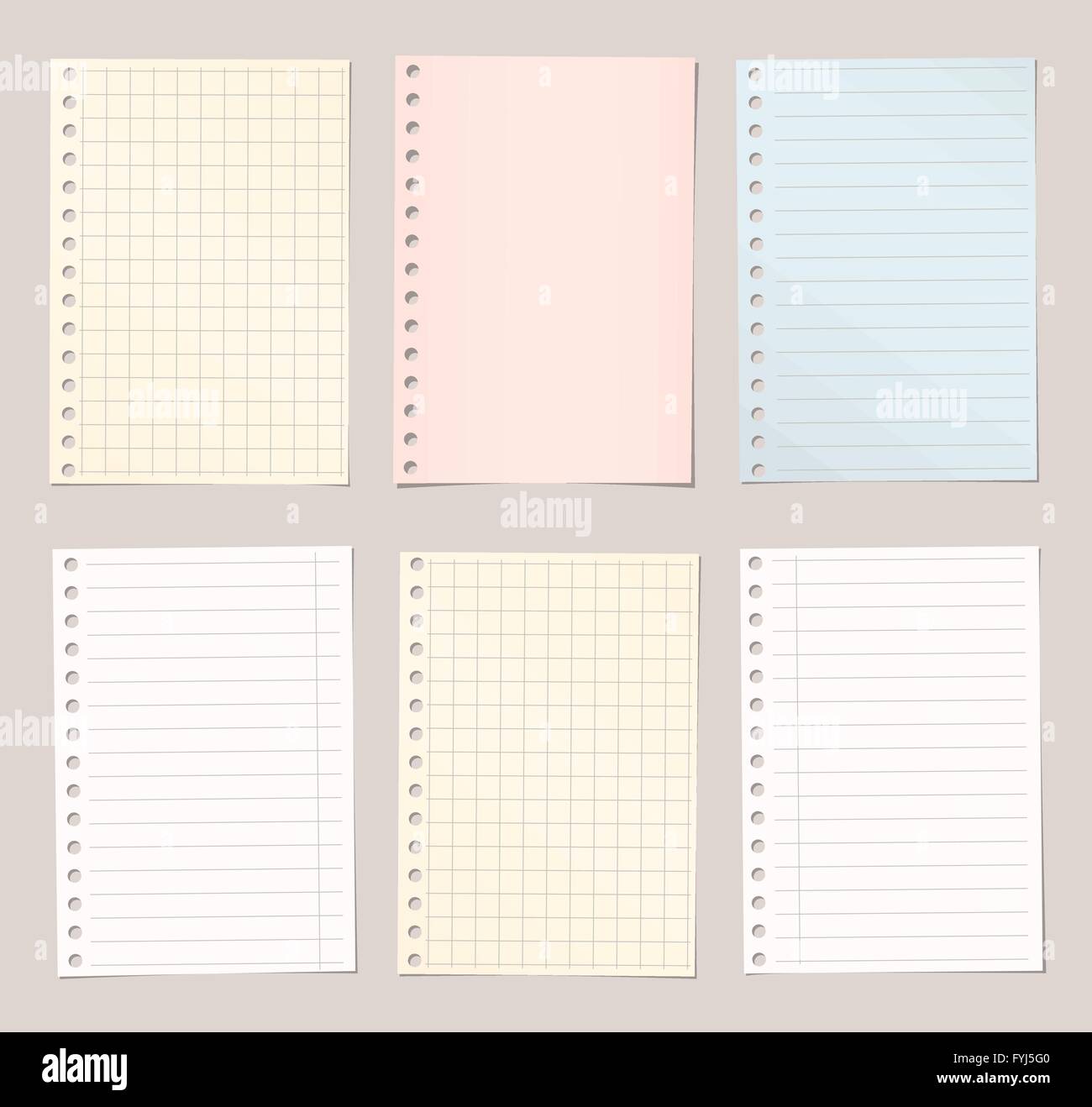Light colorful lined and squared notebook paper are stuck on brown ...
