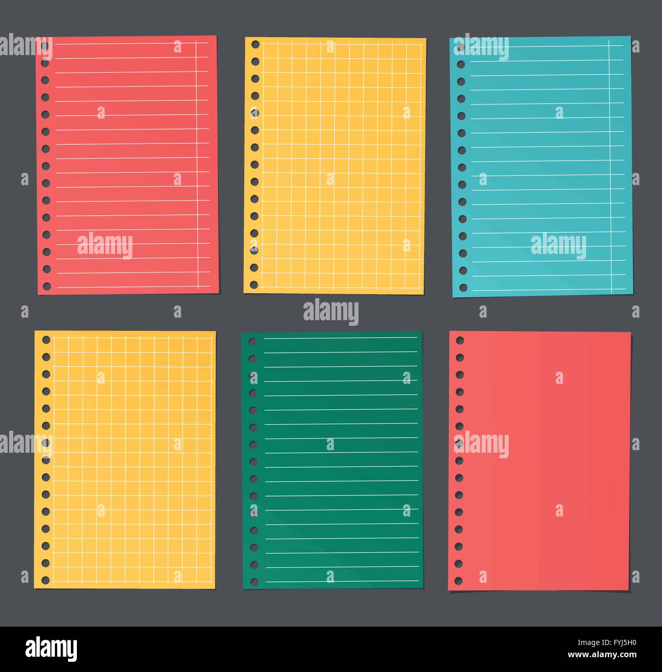 Bright colorful lined and squared notebook paper are stuck on dark ...