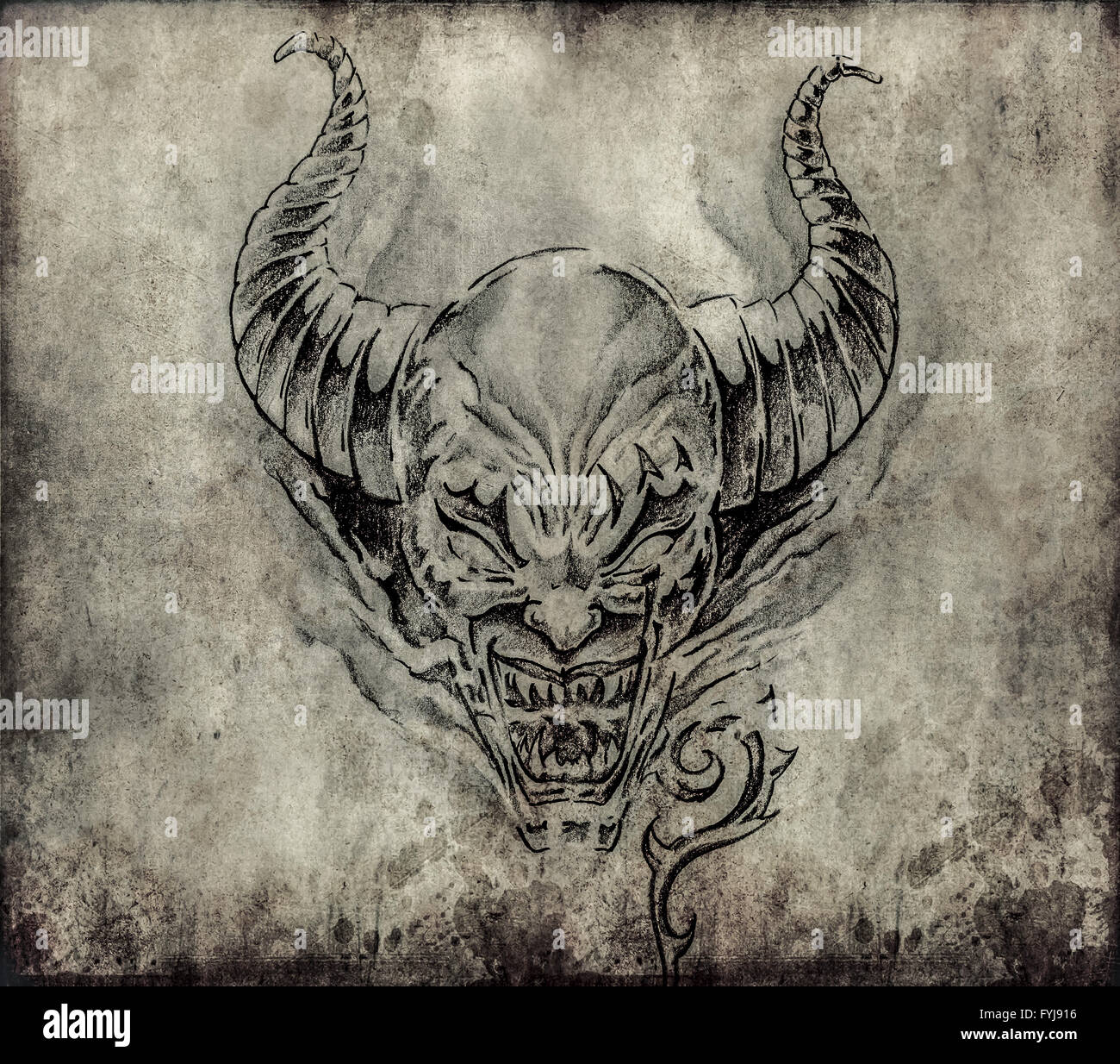 Tattoo art, sketch of a devil over vintage background Stock Photo - Alamy
