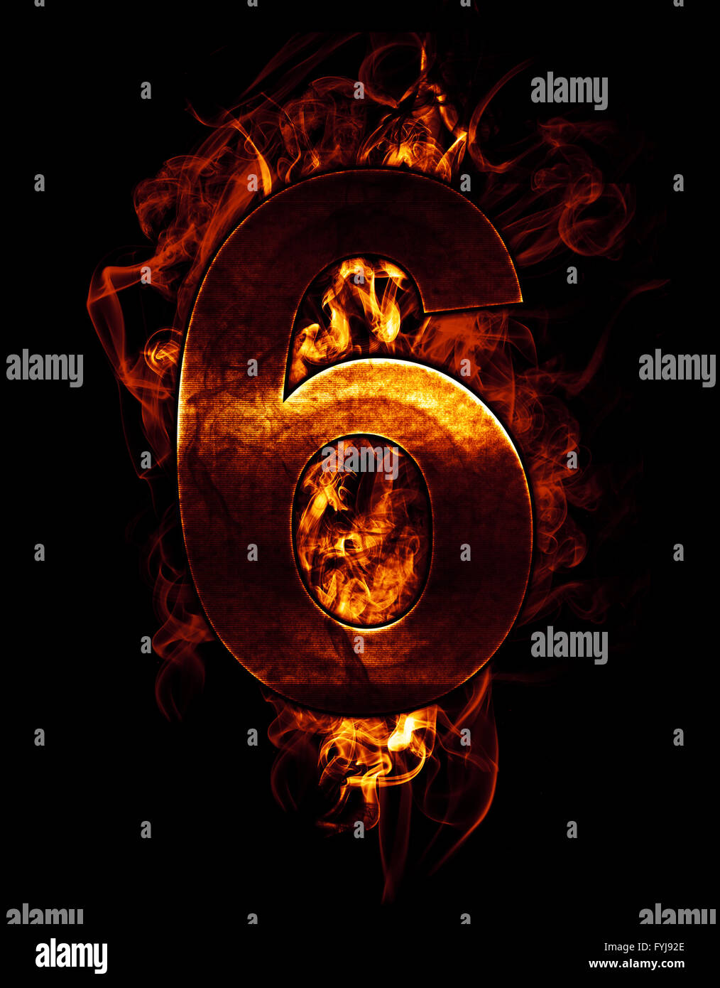 six, illustration of number with chrome effects and red fire on black ...