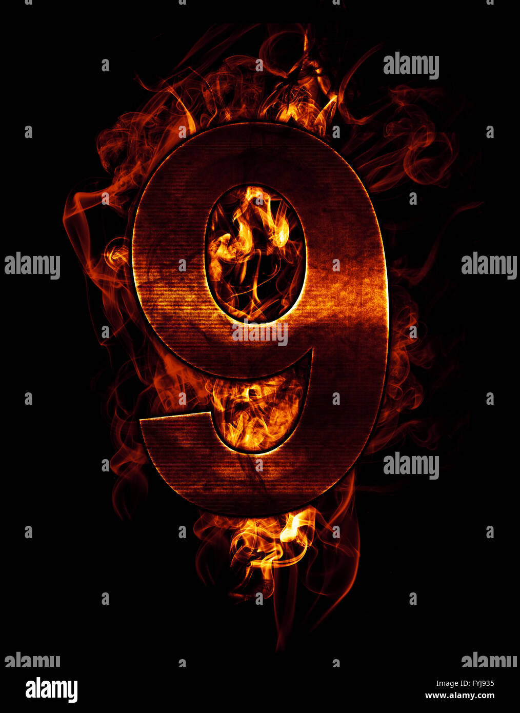 nine, illustration of number with chrome effects and red fire on black ...