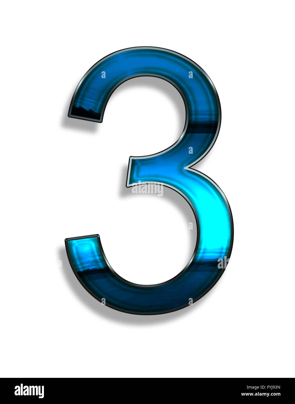 three, illustration of number with blue chrome effects on white ...