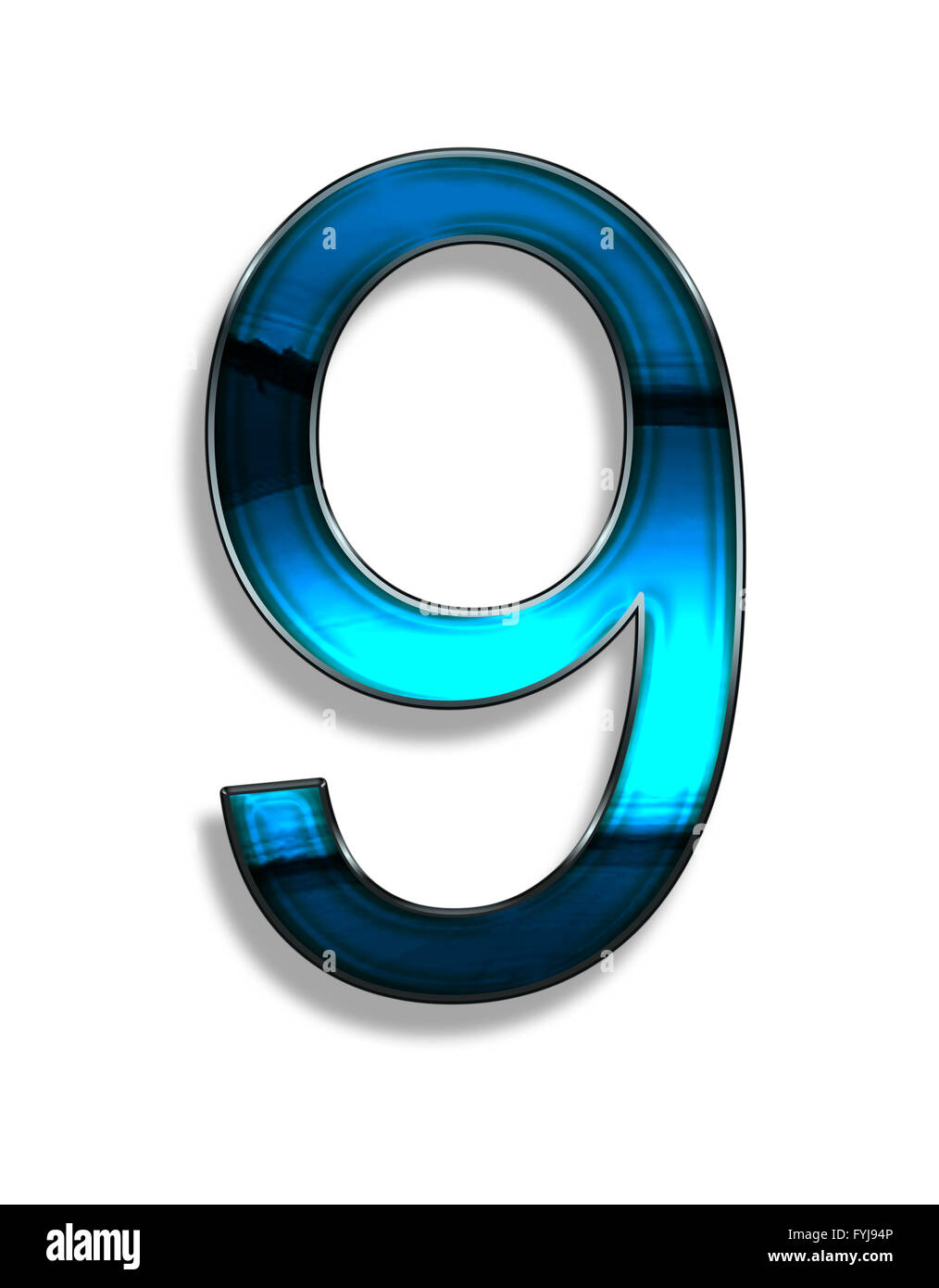 nine, illustration of number with blue chrome effects on white ...