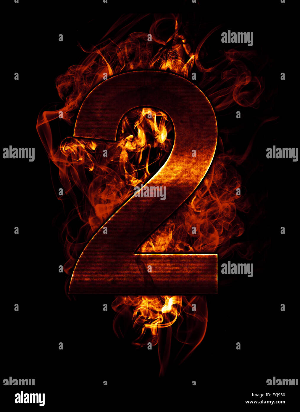 two, illustration of number with chrome effects and red fire on black ...