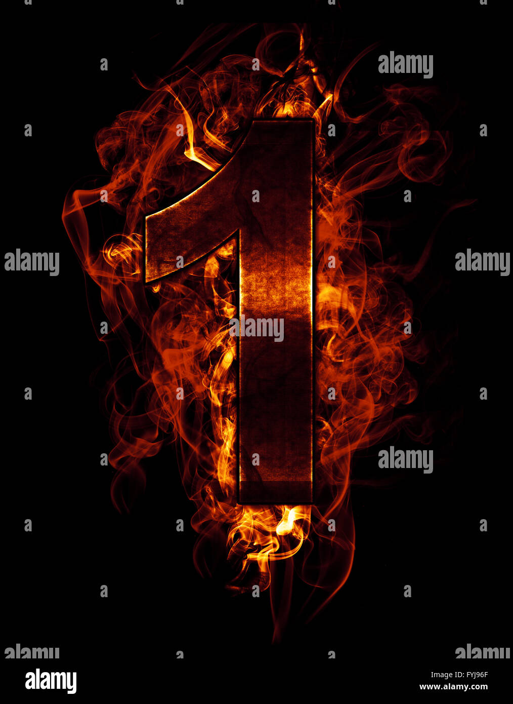 one, illustration of number with chrome effects and red fire on black ...