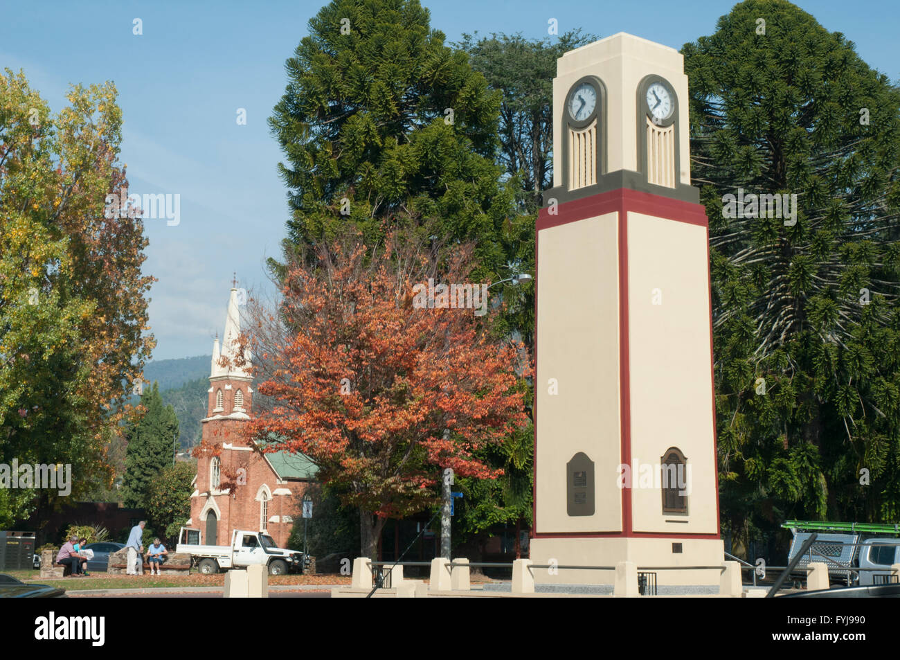 Mafeking Square clocktower and Uniting Church at Bright, Victoria Stock ...