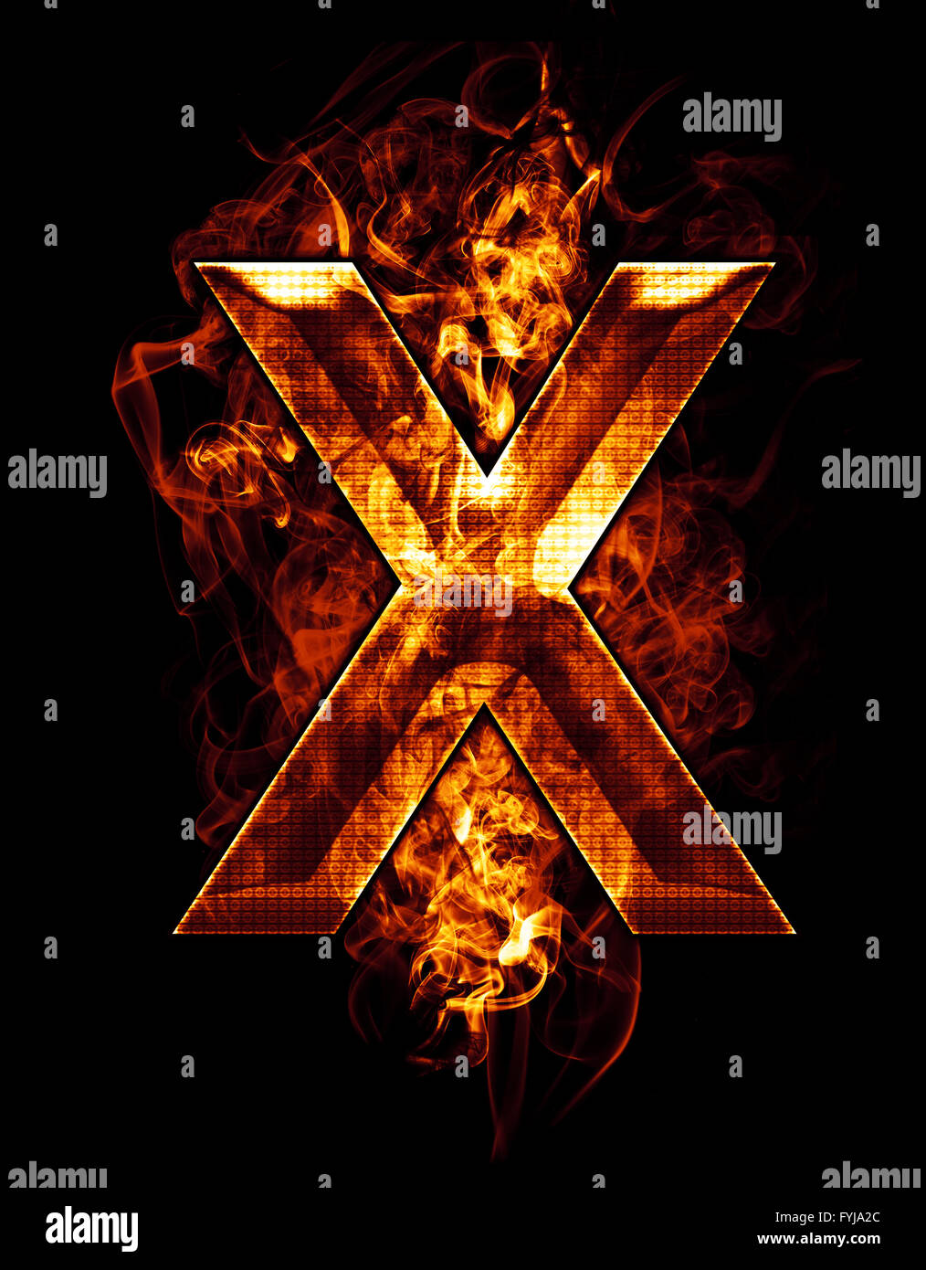 x, illustration of letter with chrome effects and red fire on black ...