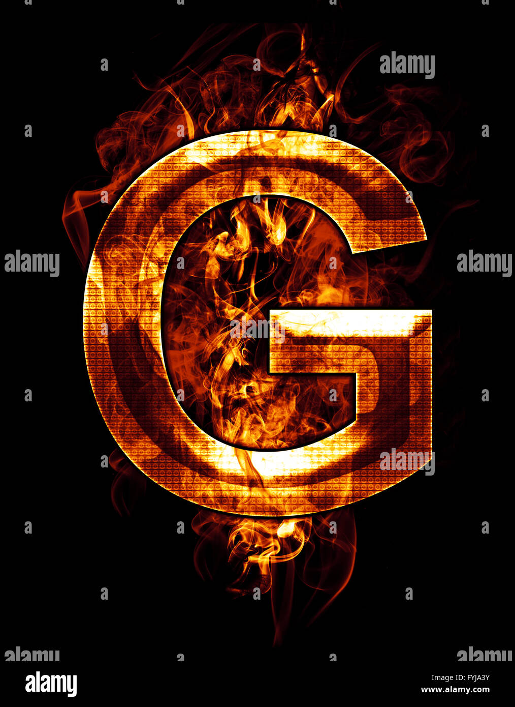 g, illustration of letter with chrome effects and red fire on black ...