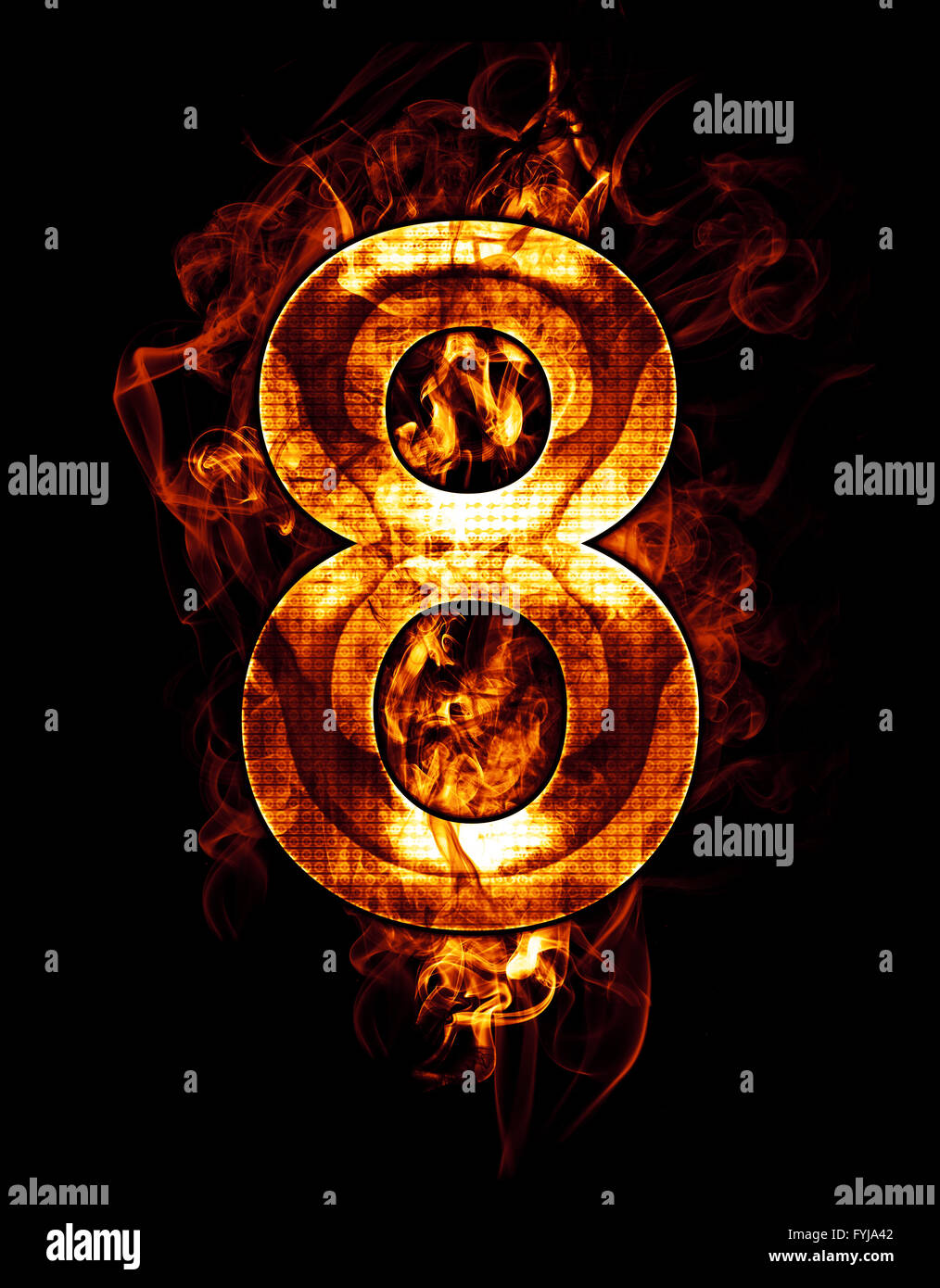 eight, illustration of number with chrome effects and red fire on black ...