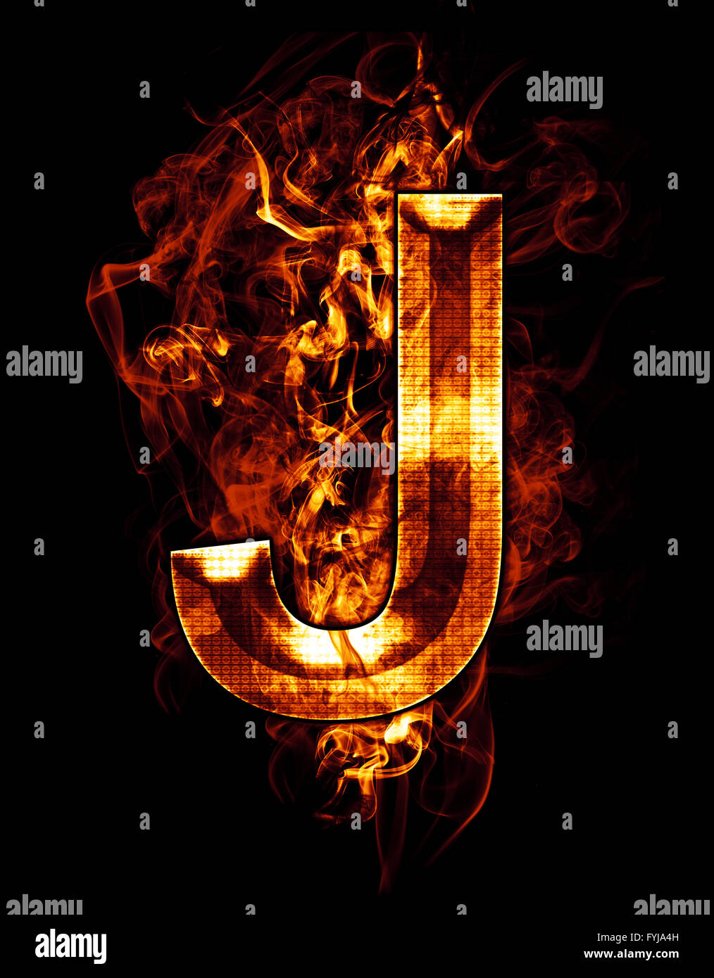 j, illustration of letter with chrome effects and red fire on black ...